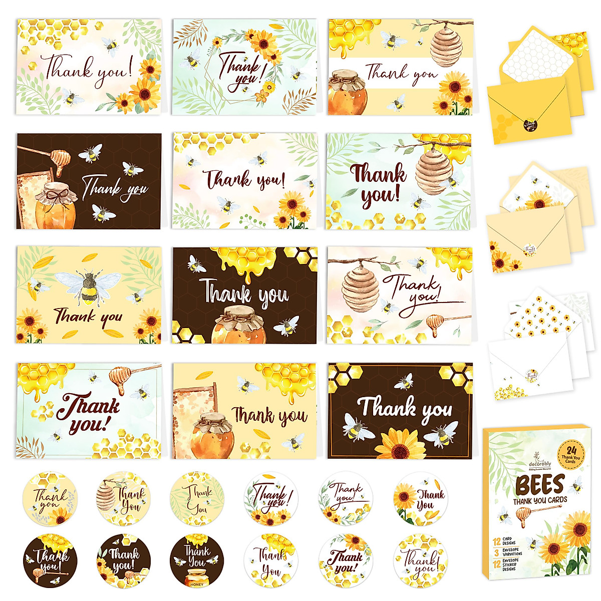 Decorably Thank You Cards with Envelopes & Stickers - 24 Pack Honey Bee Thank You Cards with Envelopes & Stickers, Blank Inside Bee Note Cards, 6x4in Bee Notecards, Bee Cards with Envelopes