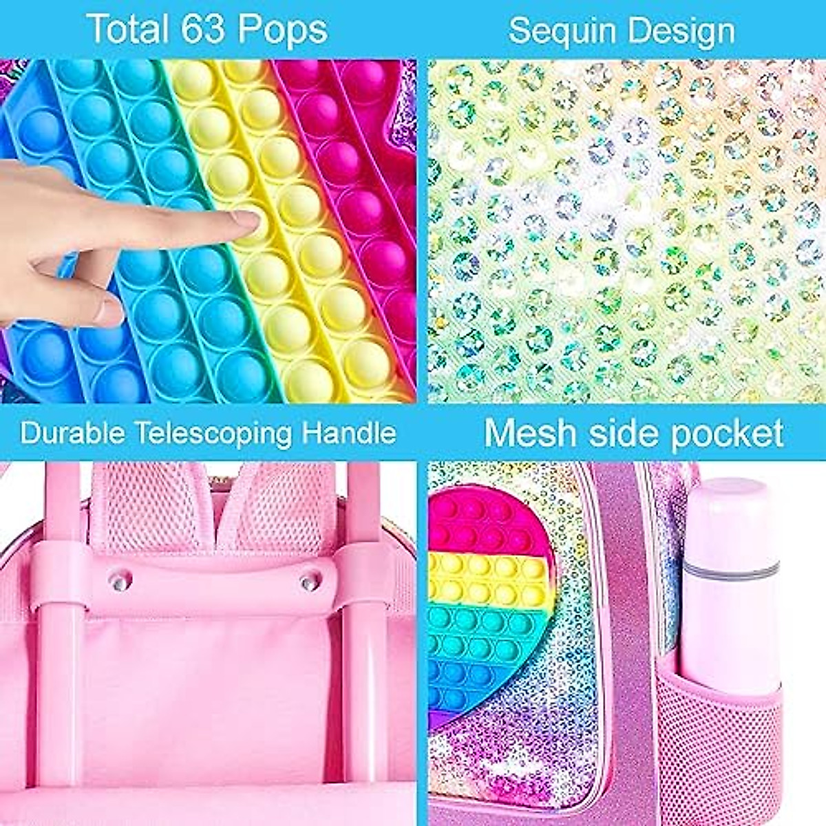 CCJPX 3PCS Kids Rolling Backpack for Girls, Unicorn Roller Wheeled Bookbag Toddler Elementary School Bag with Wheels Pink