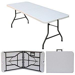 Ontario Furniture 8 Foot Plastic Folding Table - Folds in Half with a Carrying Handle � Rectangular - Lightweight and Portable - White Resin with Sturdy Steel Frame - 30"x 96"