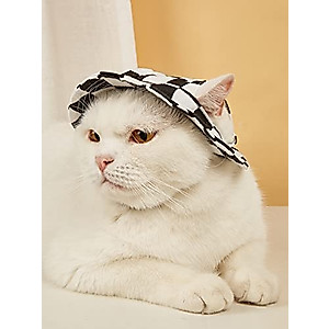 QWINEE Plaid Pattern Dog Hat with Ear Hole Round Brim Dog Puppy Cat Sun Hat Bucket Hat Outdoor Sun Protection Pet Caps for Small Medium Cats Dogs Kitten Black and White S