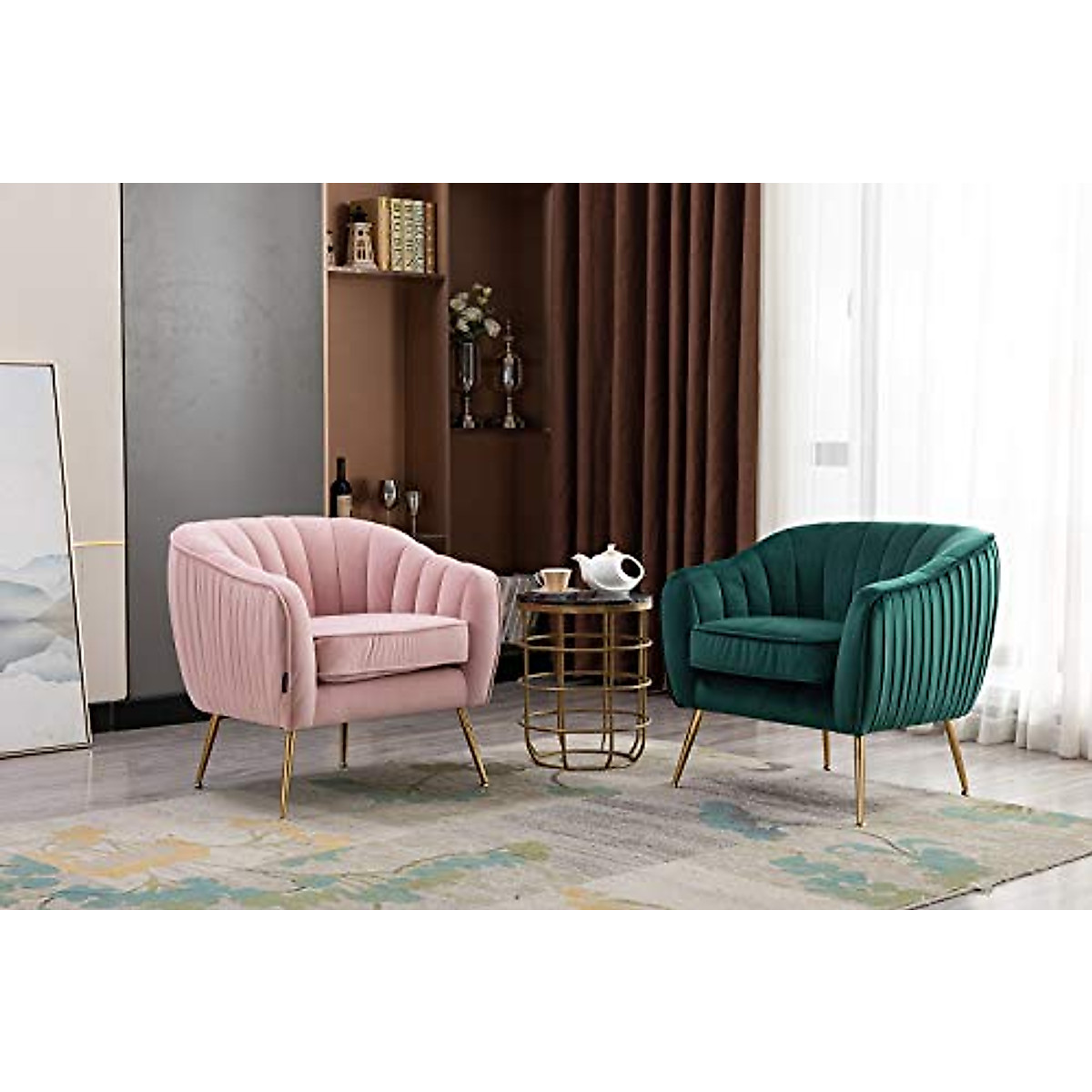 Artechworks Velvet Modern Tub Barrel Arm Chair Upholstered Tufted with Gold Metal Legs Accent Club Chair with Ottoman Footrest for Living Reading Room Bedroom, Green