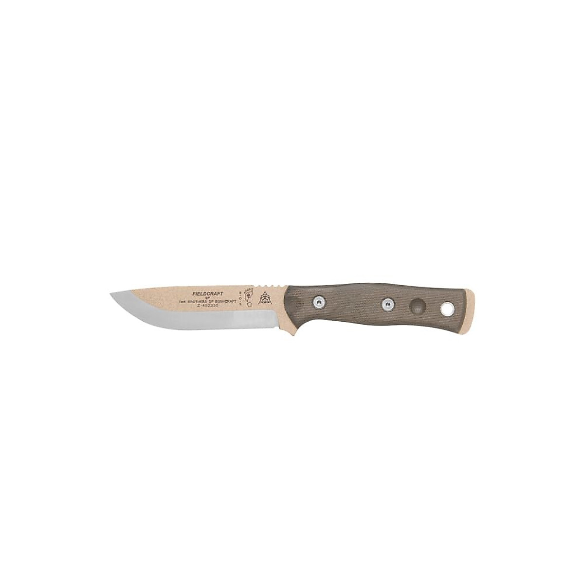 Tops Knives Fieldcraft by Brothers of Bushcraft Coytoe Tan Full Tage Fixed Blade- Coyote Tan Coating Finish- Coyote Tan Kydex Sheath w/Rotating Spring Steel (Green Canvas Micarta Handle)