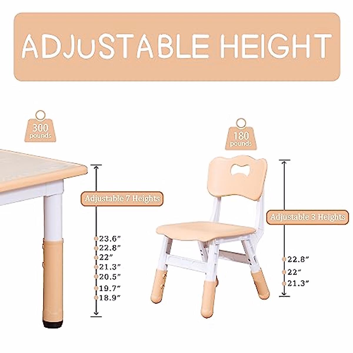 JONUTATO Toddler Table and Chair Set, Height-Adjustable Toddler Desk with 4 Seats, Kids Table and Chair Set for Girls & Boys Age 2-10, Scrub-Table Desktop Kids Study Table for Daycare, Brown