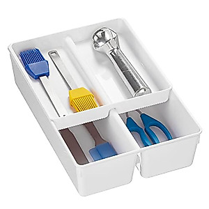 mDesign Plastic Stackable Kitchen Storage Drawer Organizer Bin with 2-Tier Tray for Cabinet, Pantry, Drawer, Refrigerator, Freezer - Hold Utensils, Flatware, Appliances - Ligne Collection - White