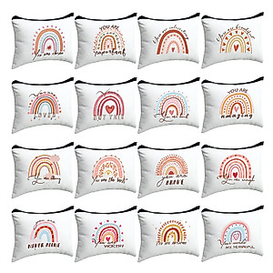 16 Pieces Rainbow Canvas Cosmetic Bag Bulk Inspirational Quotes Makeup Bags with Zipper Encouragement Travel Toiletry Pouch Appreciation Gift for Christmas Women Girls Teacher Birthday Graduation Gift