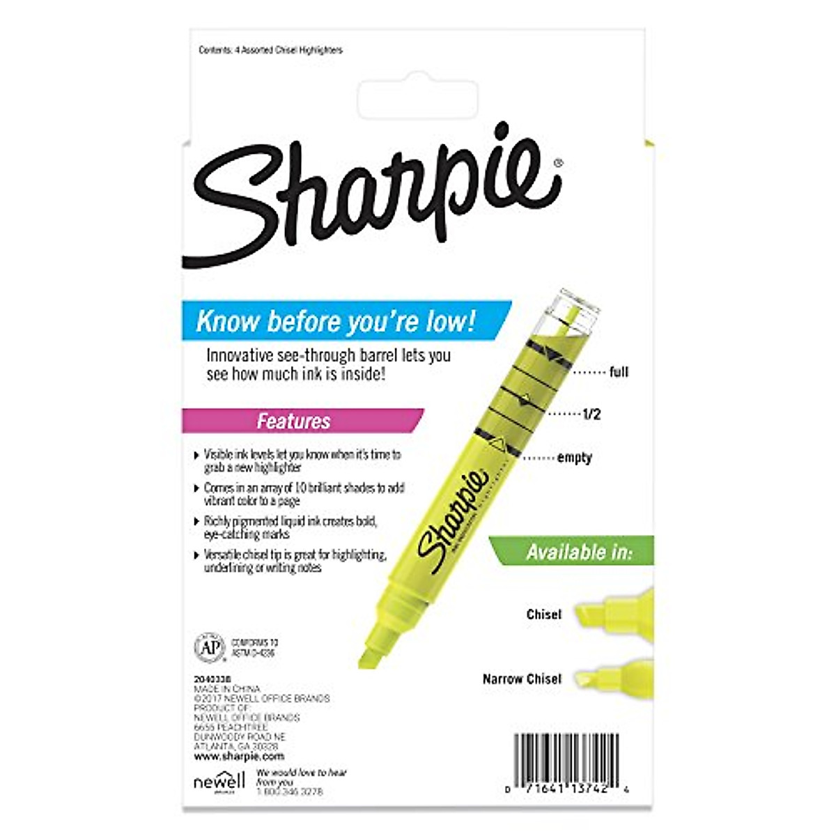 Sharpie Ink Indicator Tank Highlighters, Chisel Tip, Assorted Fluorescent, 4 Count (2021244)