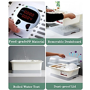 Lyellfe Plastic Dish Drying Rack, Dish Dryer Holder with Cover Lid and Removable Drainboard, White Utensil and Cup Holder for Kitchen Counter, Dish Dryer Shelf, Medium Size