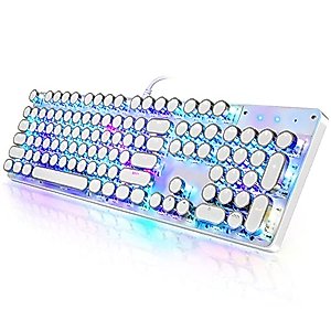 YSCP Typewriter Style Mechanical Gaming Keyboard RGB Backlit Wired with Blue Switch Retro Round Keycap 104 Keys Keyboard (Writertype Keyboard-104keys White)