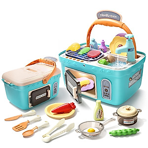 CUTE STONE Kids Picnic & Kitchen Playset,Portable Pinic Basket with Musics & Lights, Color Changing Play Foods, Sink,Pretend Play Oven and Other Accessories Toys for Boys and Girls