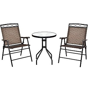 renatone 3 Piece Patio Bistro Set, Outdoor Bistro Dining Furniture Set Table & Folding Chairs for Garden, Pool, Backyard, Tempered Glass Tabletop with Umbrella Hole
