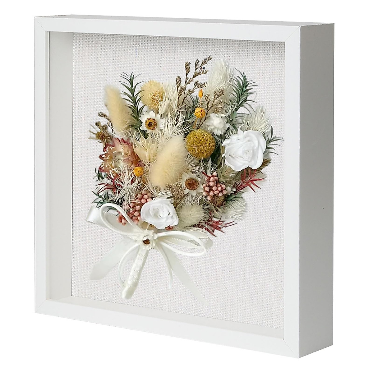 Muzilife 10x10 Shadow Box Picture Frame with Linen Board - Deep Wood & Glass Display Case Ready to Hang Memory Box Baby Sports Memorabilia, Pins, Awards, Medals, Wedding, Tickets and Photos (White)