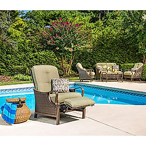 Hanover Ventura Steel Outdoor Patio Woven Luxury Recliner with Brown Wicker, Vintage Meadow Green Cushions and Pillow