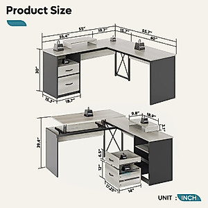 Bestier Lift Top L Shaped Desk with File Drawer, 55'' x 55'' Office Desk with Reversible Storage Drawers and Computer Monitor Stand (Retro Grey Oak Light)