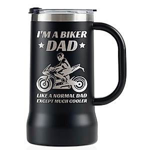 Onebttl Biker Dad Motorcycle Gifts for Men, Stainless Steel Beer Stein Tumbler, 24oz Beer Mug with Lid