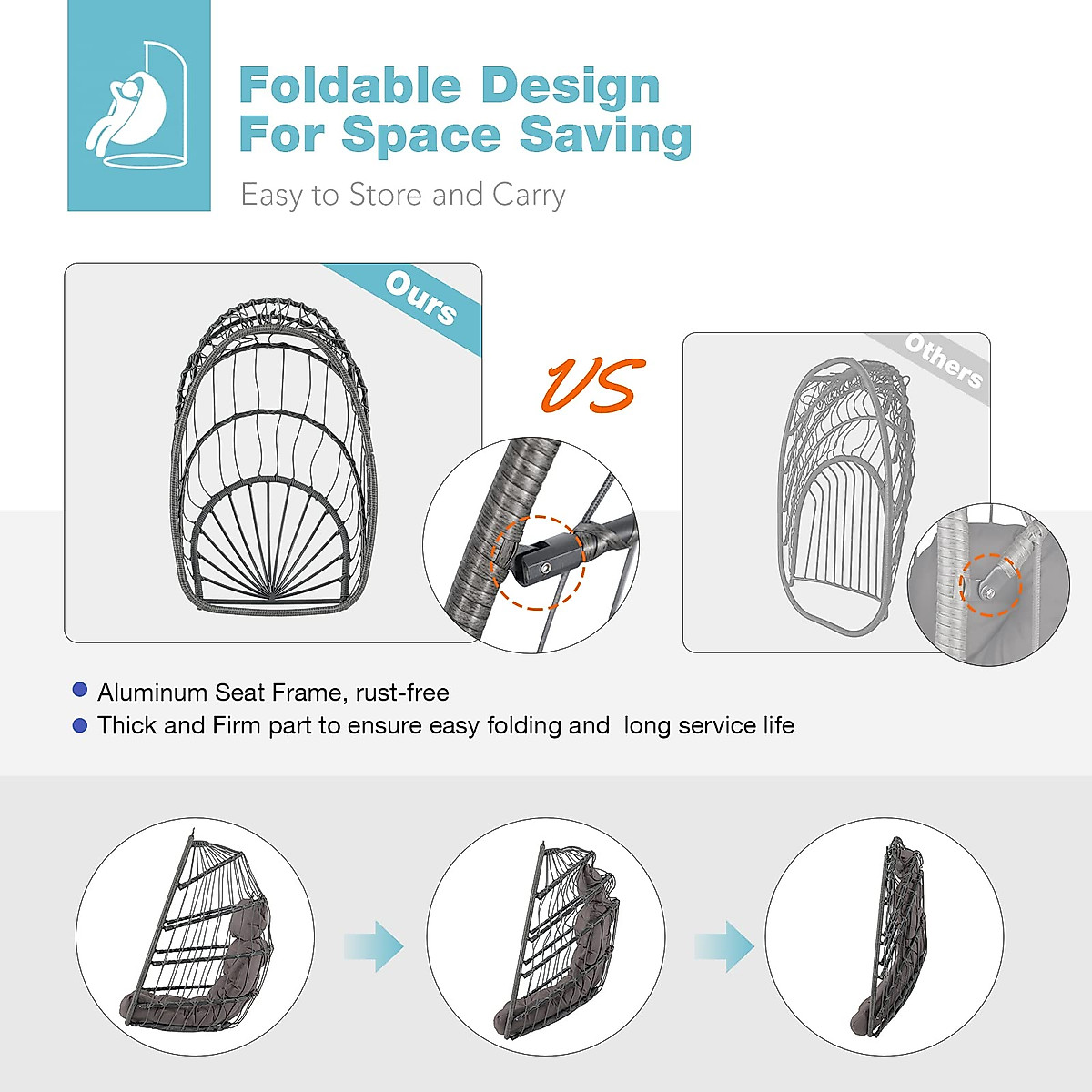 Patiorama Indoor Outdoor Egg Swing Chair with Stand, Patio Grey Wicker Rattan Hanging Chair with Rope Back, Cushion,Cover,All Weather Foldable Hammock Chair for Bedroom, Porch, Garden (Dark Grey)