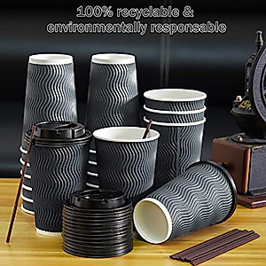 Disposable Coffee Cups with Lids and Straws - 16 oz (90 Set) Togo Hot Paper Coffee Cup with Lid To Go for Beverages Espresso Tea Insulated Reusable Cold Drinks Ripple Cups Protect Fingers From Heating