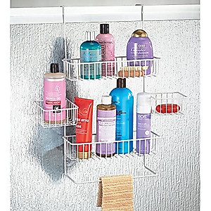mDesign Steel Over the Door Shower Caddy - Hanging Shower Organizer Rack w/ 4 Baskets, 2 Hooks - In-Shower Hanging Caddy for Bathroom - Over Door Shower Caddy Hanger - Klypon Collection - Matte White