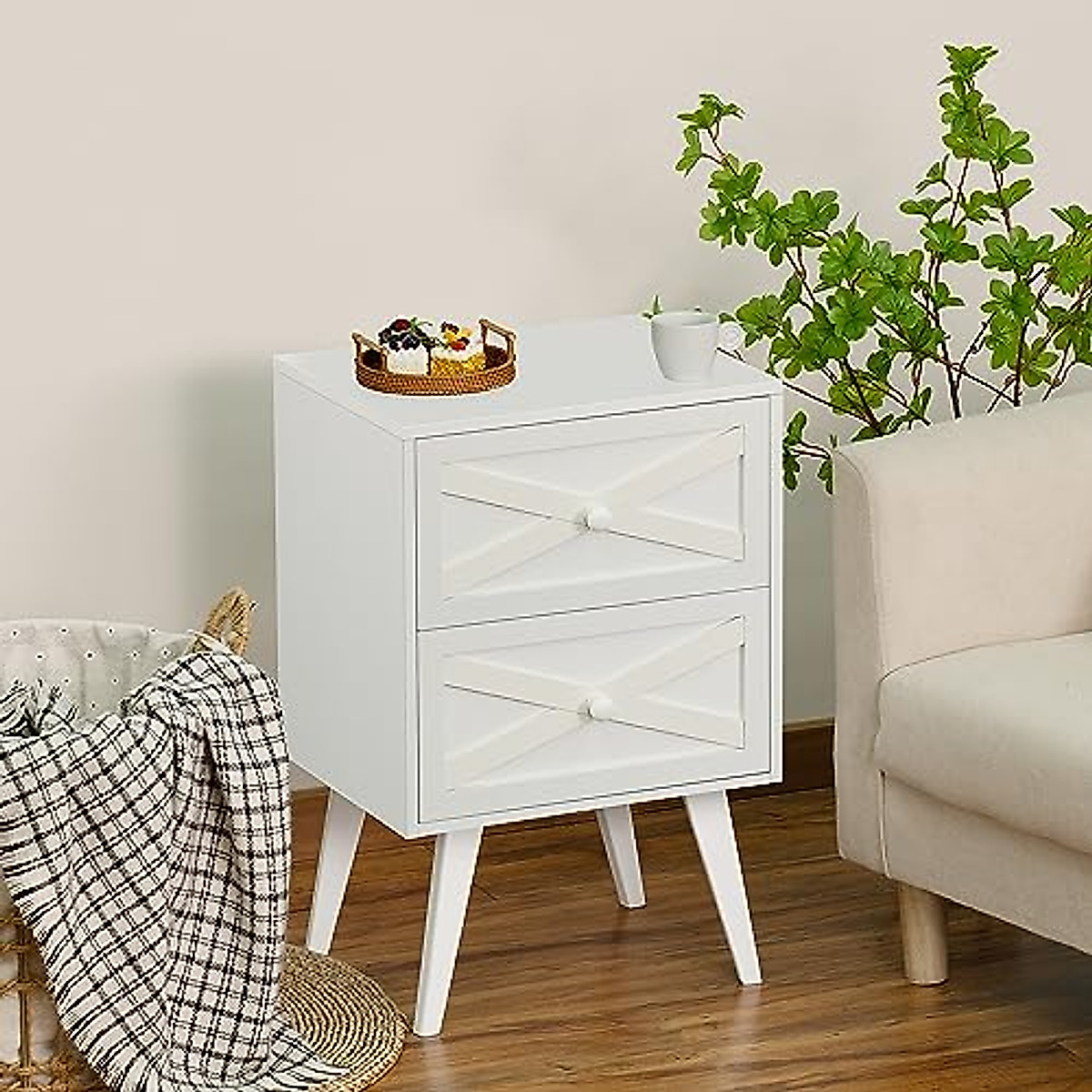 Lerliuo White Nightstand, Bed Side Table with 2 Drawers Barn Door, Solid Wooden Legs Night Stand, Mid Century Modern End Table Storage Wood Cabinet Dresser for Bedroom, Living Room, Dorm