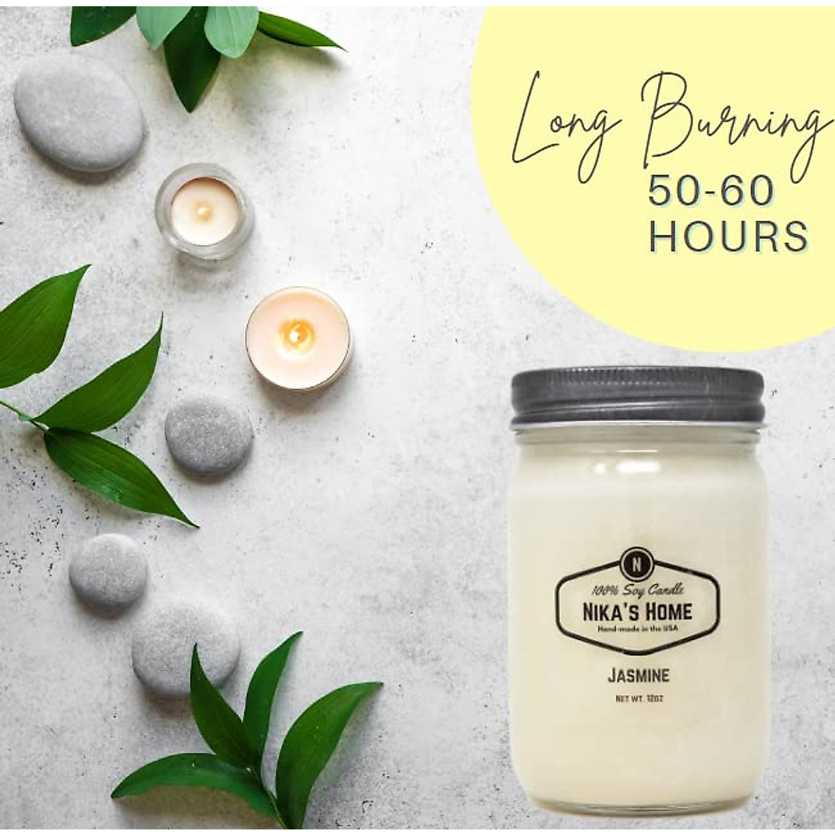 Nika's Home Jasmine Soy Candle 12oz Mason Jar Non-Toxic White Soy Candle-Hand Poured Candle- Handmade, Long Burning 50-60 Hours Highly Scented All Natural, Clean Burning Large Candle Gift Décor