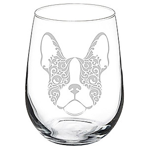 Wine Glass Goblet Frenchie French Bulldog Face Floral (17 oz Stemless)