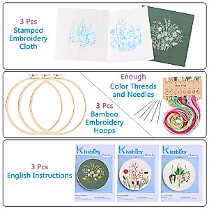 3 Pack Embroidery Starter Kit with Pattern, Kissbuty Full Range of Stamped Embroidery Kit Including Embroidery Fabric with Pattern, Bamboo Embroidery Hoops, Color Threads and Tools Kit (Floral Plants)