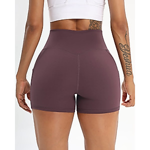 Workout Shorts for Women 2 Pcs Pack Cross Waist Active Gym Spandex Stretchy Yoga Compression with Side Pockets Burgundy+Olive-M