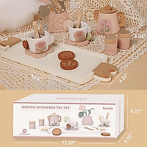 Wooden Tea Party Set for Little Girls, Toddler Tea Set Toy Pretend Play Kitchen Accessories, Wooden Play Food Set for 3 4 5 6 Years Old Boys Girls