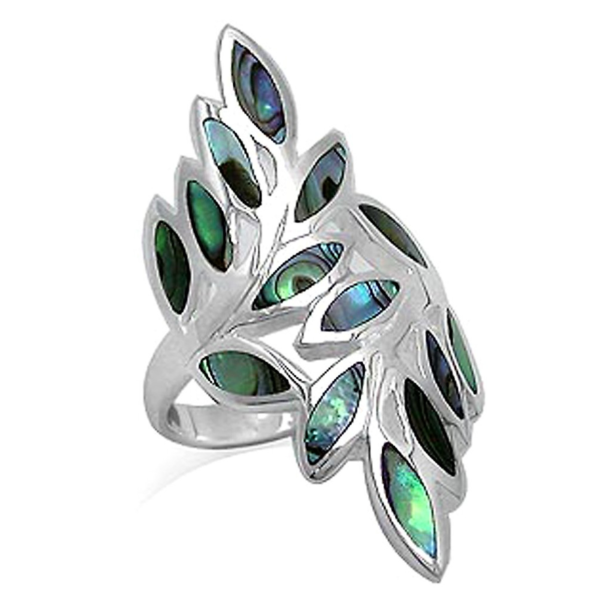 Silvershake Abalone Paua Shell Inlay White Gold Plated 925 Sterling Silver Bypass Leaf Ring Size 8