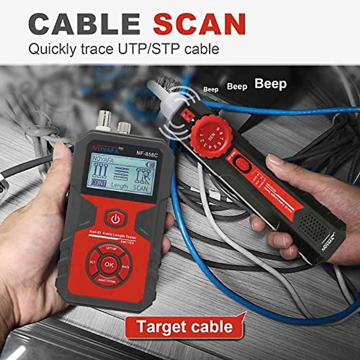 NOYAFA Network Cable Tester with Mapping and VFL Function, RJ11 RJ45 Ethernet Cable Tester POE Tester Cable Toner, Rechargeable Anti-Interference Network Tester for Telephone LAN Coax Cable