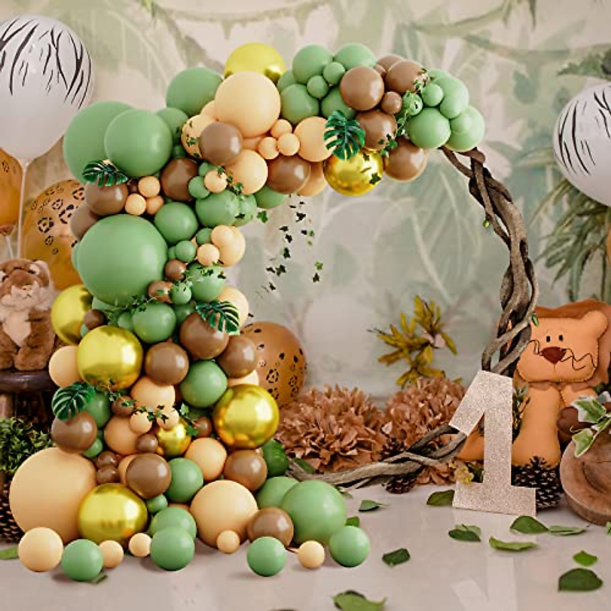 RUBFAC 160pcs Sage Green Brown Balloon Garland Kit Jungle Safari Woodland Balloon Arch with Sage Green Dark Brown Beige Gold Matte Balloons for Jungle Party Baby Shower Safari Birthday Decorations