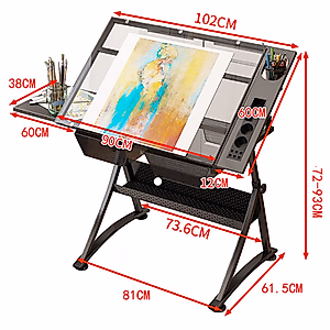 Drafting Desk, Glass Drafting Table Art Desk with Stool, Height Adjustable Drawing Desk Art Table for Artists, Upgraded Tiltable Tabletop Art Craft Desk Painting Work Station for Reading Writing Draw