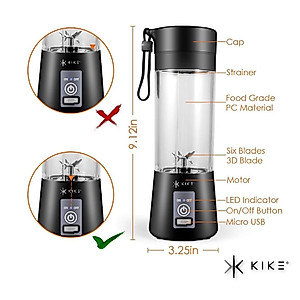 KIKE Portable Blender, Personal Blender for Shakes and Smoothies with 6 Blades and 16oz, USB Rechargeable, Travel Cup and Lid, Juices, Baby Food, Heavy Duty and Food Processor (BLACK)
