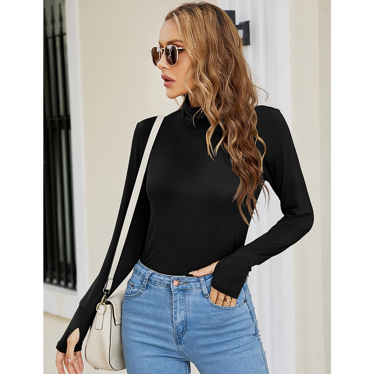 LUYAA 2023 Womens Basic Long Sleeves Warm Thermal Shirts Mock Turtleneck Tops Fitted Under Layer Black L Fall Spring