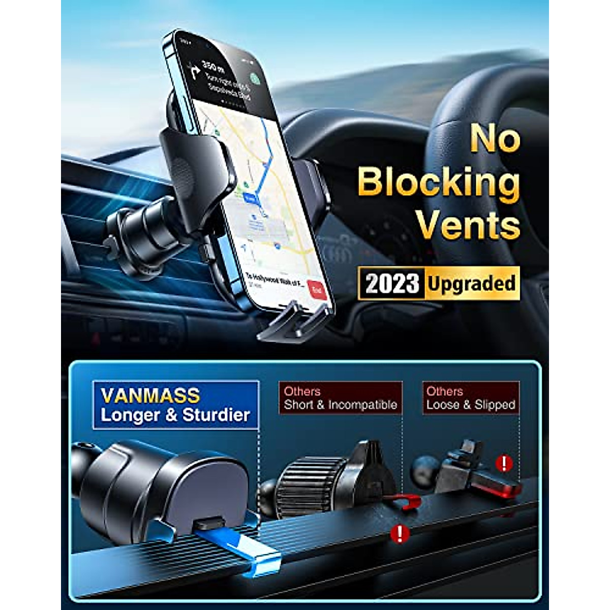 VANMASS TOP Car Phone Holder [Military-Grade Suction & Vent Clip] Cell Phone Mount for Car Dashboard Windshield Vent, Truck Automobile Cradles Dash Stand Bracket for iPhone 14 Pro Max 13 12 11 Android