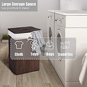 Byroce Bamboo Laundry Basket, Collapsible Laundry Hamper with Lid, Removable Liner & Handles, Dirty Clothes Toys Storage Bin for Laundry Room, Bedroom, Bathroom (Brown)