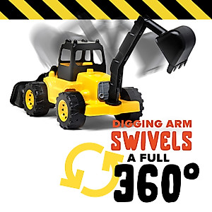 Dragon Drew Backhoe Toy Construction Truck | Front Loader and Excavator Scoop Truck for Kids and Toddlers