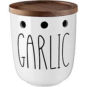 DAYYET Garlic Keeper for Counter, Ceramic Garlic Keeper with Acacia Wood Lid, Garlic Holder Storage Container to Keep Your Garlic Cloves Fresh Longer, Garlic Saver for Kitchen, White