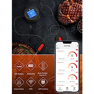 Sanwo WiFi Meat Thermometer with 2 Probes, Digital Wireless Instant Read Smart 2000mAH Rechargeable BBQ Grill Meat Thermometer with Timer, Alarm for Smoker, Oven, Grill, Roast, Kitchen Food Meat