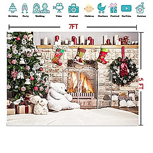 7x5ft Christmas Photography Backdrop Christmas Fireplace Backdrop White Brick Fireplace Bear Christmas Tree Backgrounds Children Photography Studio Prop