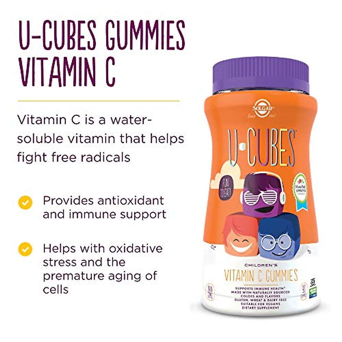 Solgar U-Cubes Children's Vitamin C, 90 Gummies - Includes 2 Great-Tasting Flavors, Orange & Strawberry - Immune Support - For Ages 2 & Up - Non GMO, Vegan, Gluten Free, Dairy Free - 45 Servings