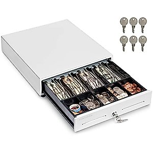 13" Cash Register Drawer for Point of Sale (POS) System with 4 Bill 5 Coin Cash Tray, Removable Coin Compartment, 24V, RJ11/RJ12 Key-Lock, Media Slot, White - for Stores, Shops, and Businesses