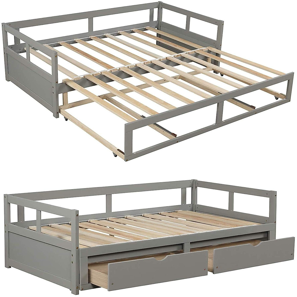 MERITLINE Daybed Frame with Two Storage Drawers, Twin to King Daybed Extendable Design,Wooden Sofa Bed for Bedroom Living Room,Grey