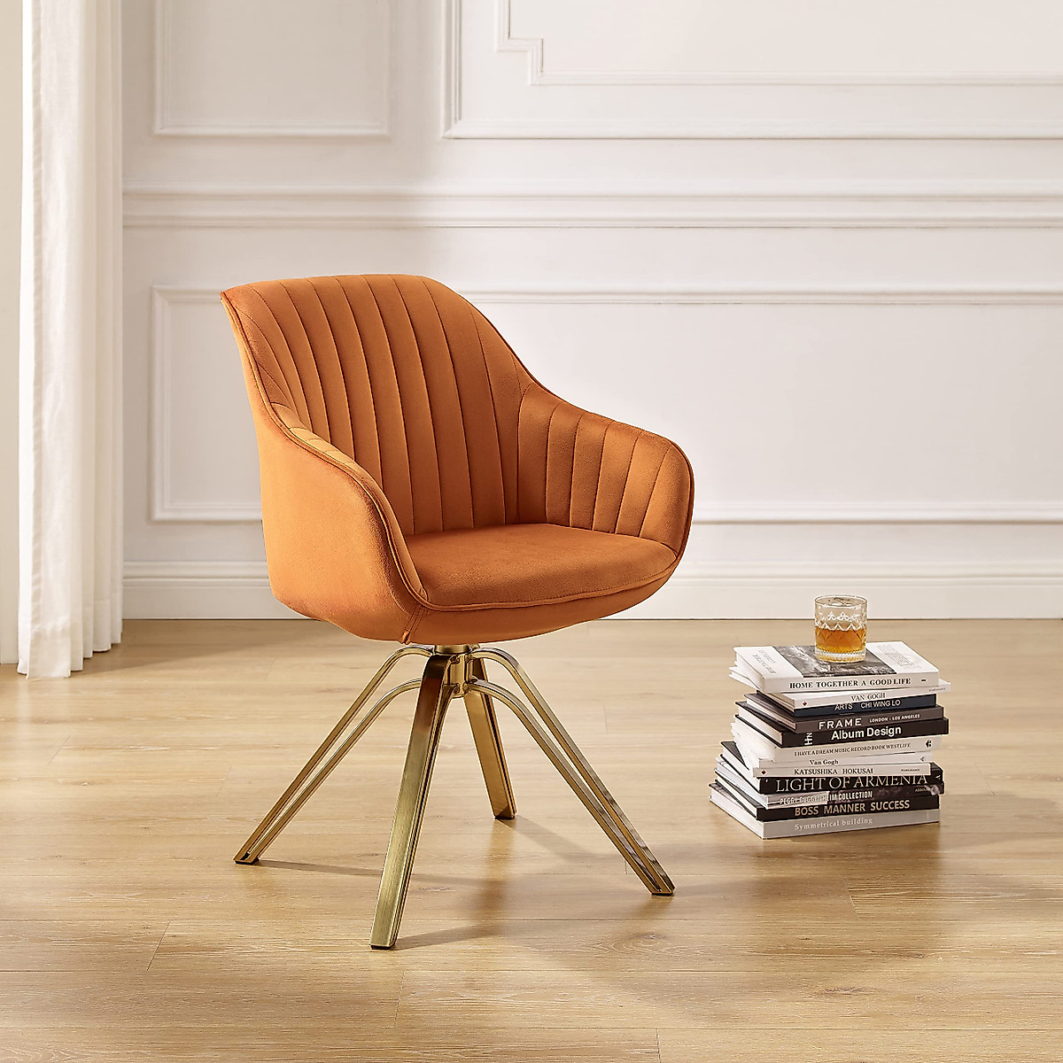 Art Leon Mid Century Modern Swivel Accent Chair, Desk Chair No Wheels, Fabric Upholstered Armchair with Gold Legs, Chair for Bedroom, Cinnamon