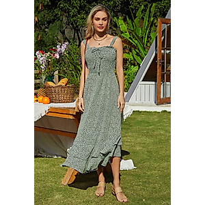 Women's Summer Floral Chiffon Bohemian Long Dress Elegant Square Neck Tie Front Ruffle Aline Maxi Dress Green L
