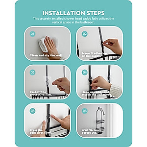 Baffect Shower Head Caddy, Upgraded Extended Metal Shower Storage Rack, Rust-Resistant Bathroom Organizer with Soap Holder and Hooks (Matte Black)