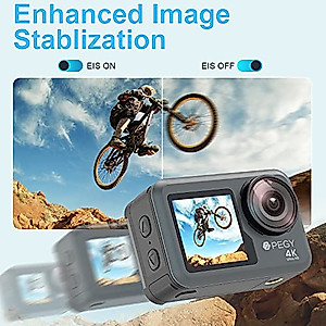 PEGY Dual Screen 4K Action Camera 60FPS 65ft Sports Camera,Underwater Camera for Snorkeling,6 Axis EIS,WiFi Touch Screen with 2 Batteries,32GB Memory Card,Helmet Mounting Accessories