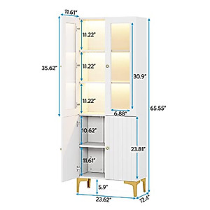 Tribesigns Bookcase with Doors and LED Light, White Bookshelf with 5-Tier Storage Shelves, Freestanding Tall Storage Cabinet for Living Room, Office, Bathroom