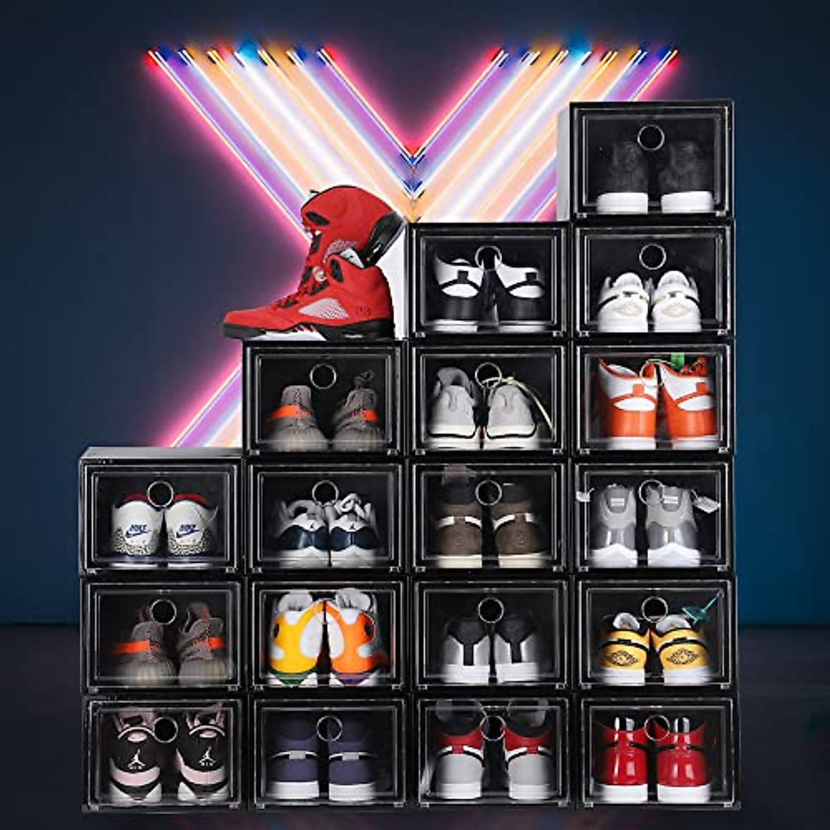 MUKIRAN HOME 12 Pack Shoe Storage Boxes, Shoe Box Clear Plastic Stackable, Drawer Type Front Opening Shoe Holder Containers (Black)