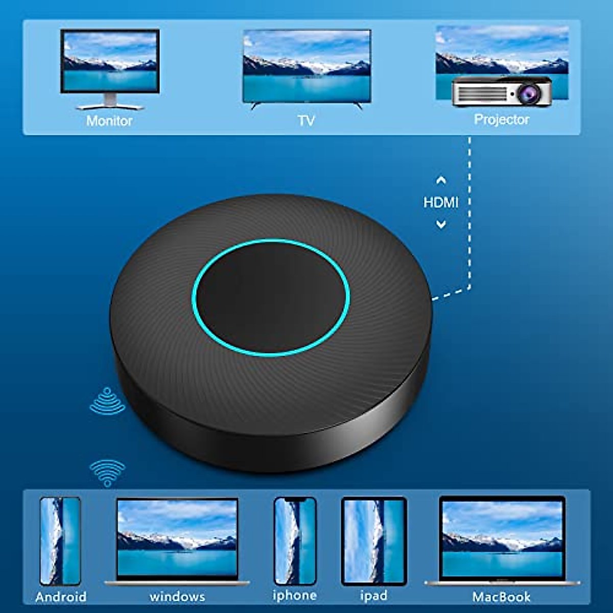 Topbuy Wireless HDMI Display Dongle Adapter, TV Adapter Used for Streaming Video/Audio from Laptop, PC, Smartphone to HDTV/Projector, No Setup,No Need APP, Support Android, iOS, Windows and MacOS