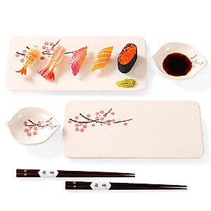 Relaxing Garden Japanese sushi plate set, 10-inch rectangle ceramic sushi dishes, sushi set with 2 japanese dishes and 2 dipping dishes and 2 pairs of chopsticks, sushi serving set for 2